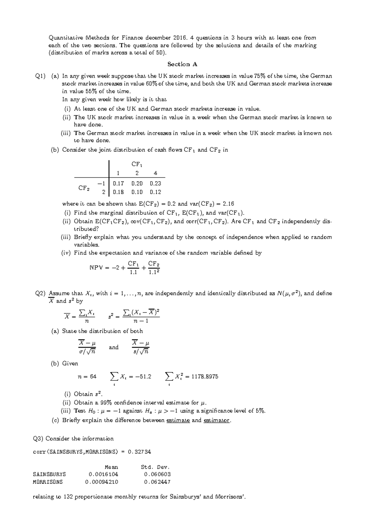 Exam 5 December 2016, questions and answers - Quantitative Methods for ...