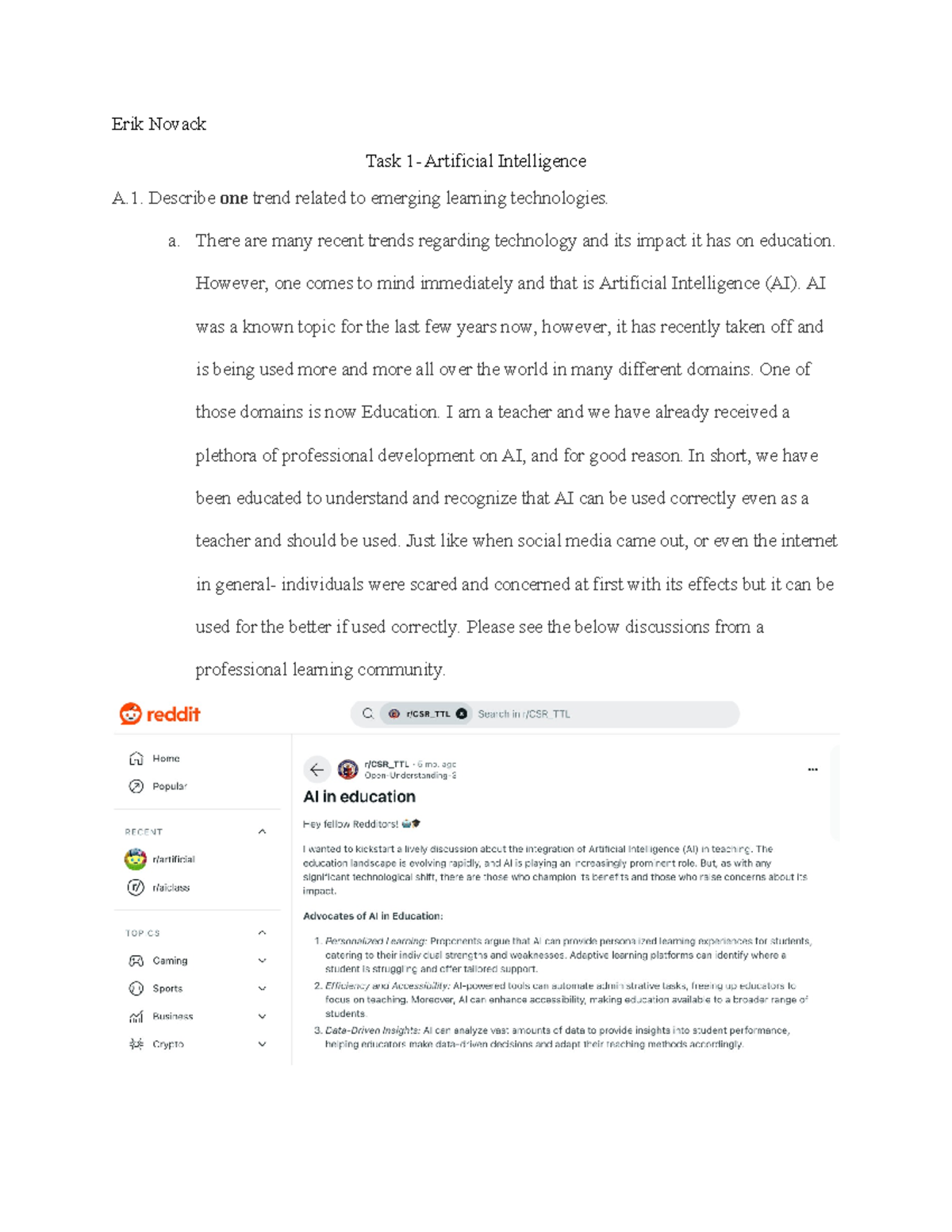 Task 1 - Learning Technology - Erik Novack Task 1- Artificial ...