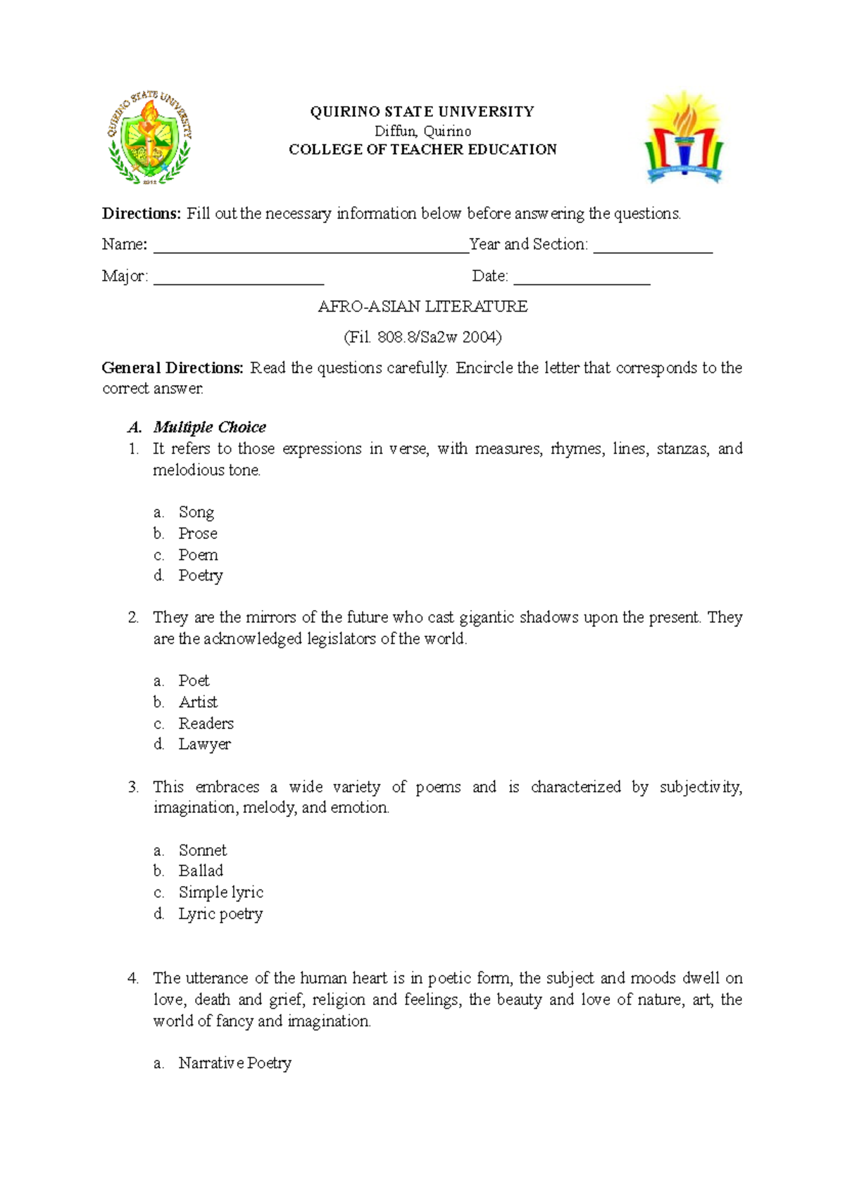 TEST Questionnaire- Sales BSED 3 - QUIRINO STATE UNIVERSITY Diffun ...