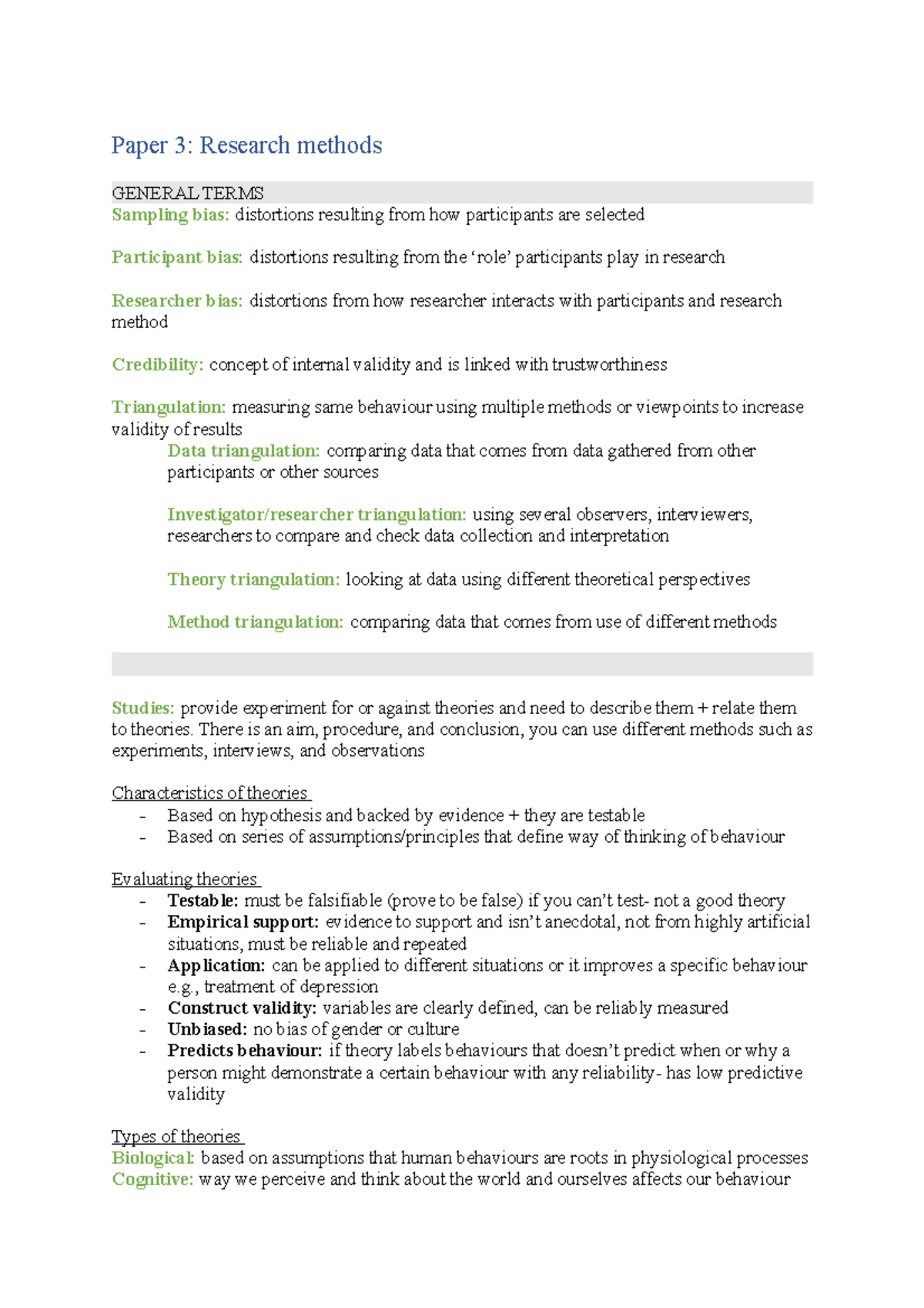 Paper 3- research methods notes - Paper 3: Research methods GENERAL ...
