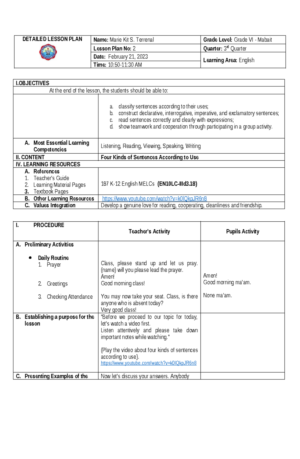 Detailed Lesson PLAN - Q3 - W3 - DETAILED LESSON PLAN Name: Marie Kit S ...