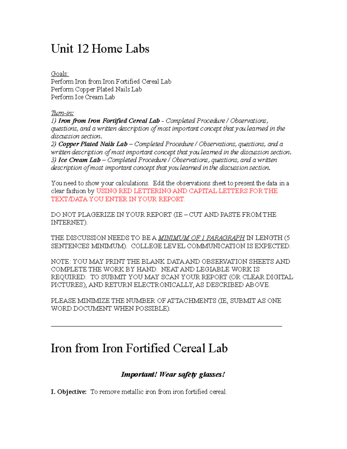 College Chemistry II Home Lab #6 - Unit 12 Home Labs Goals: Perform ...