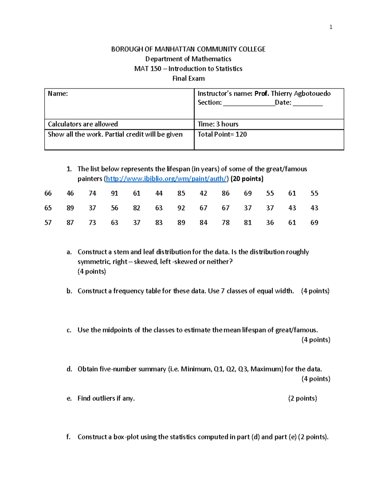 Final Examination MAT 150 - BOROUGH OF MANHATTAN COMMUNITY COLLEGE ...