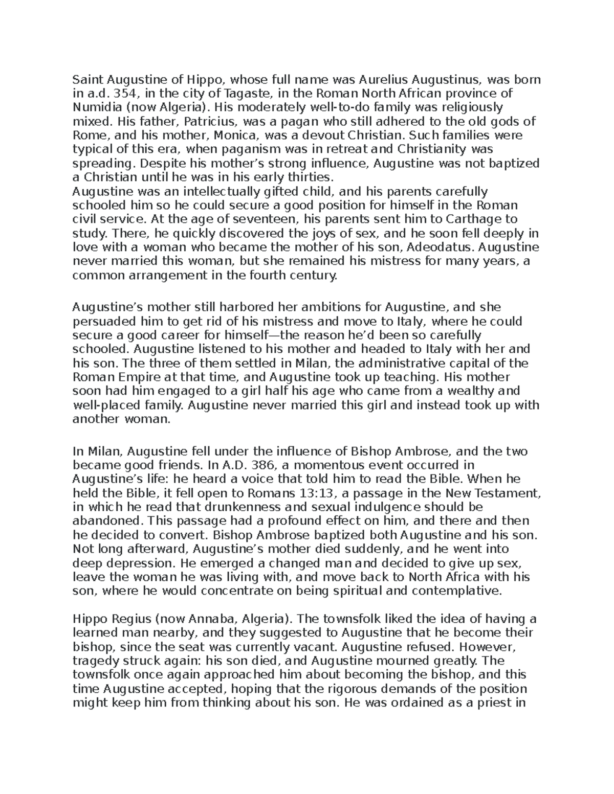 Philosophy 87 - Lecture Notes - Saint Augustine of Hippo, whose full ...