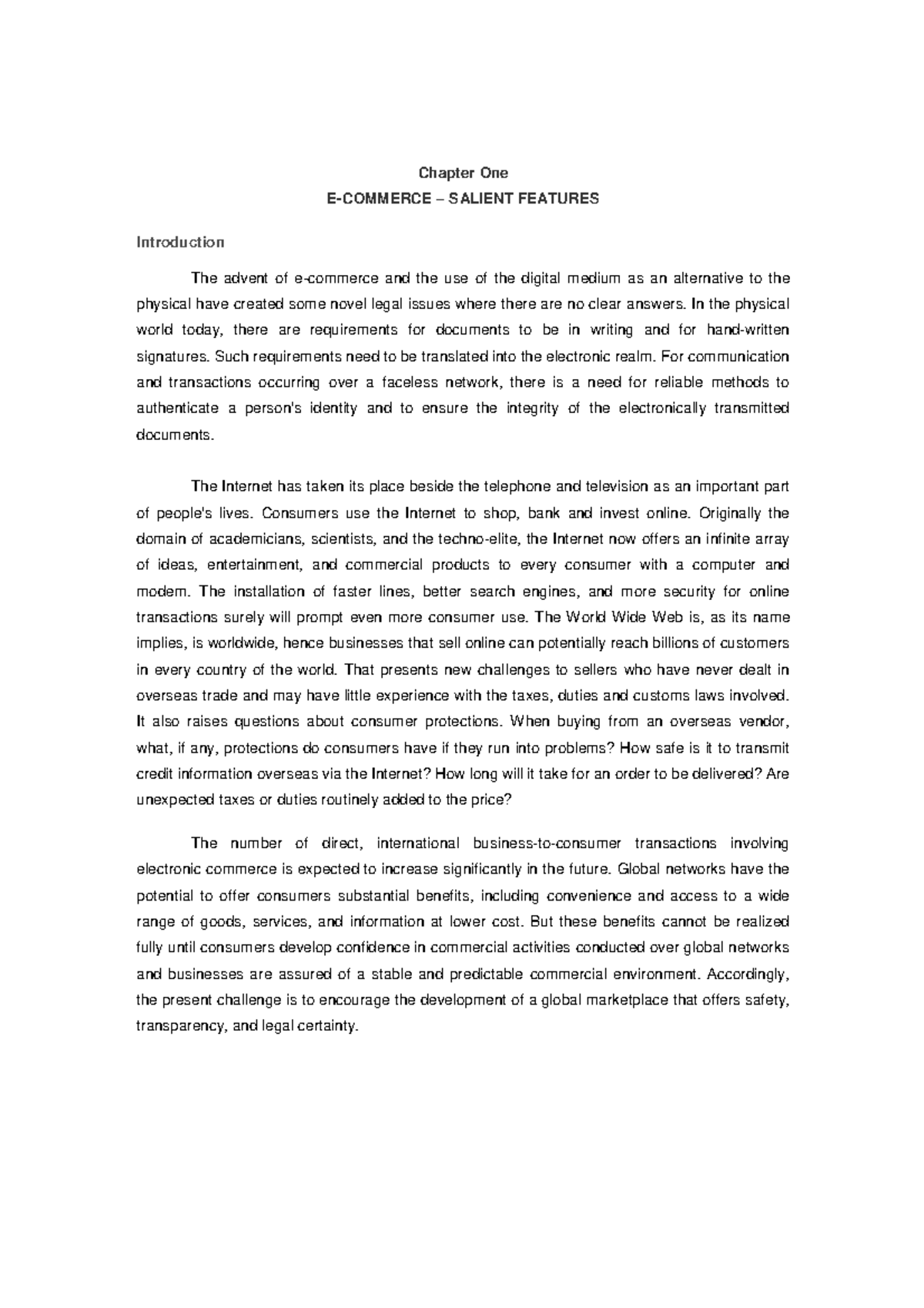 Electronic commerce - Chapter One - Chapter One E-COMMERCE – SALIENT FEATURES Introduction The ...