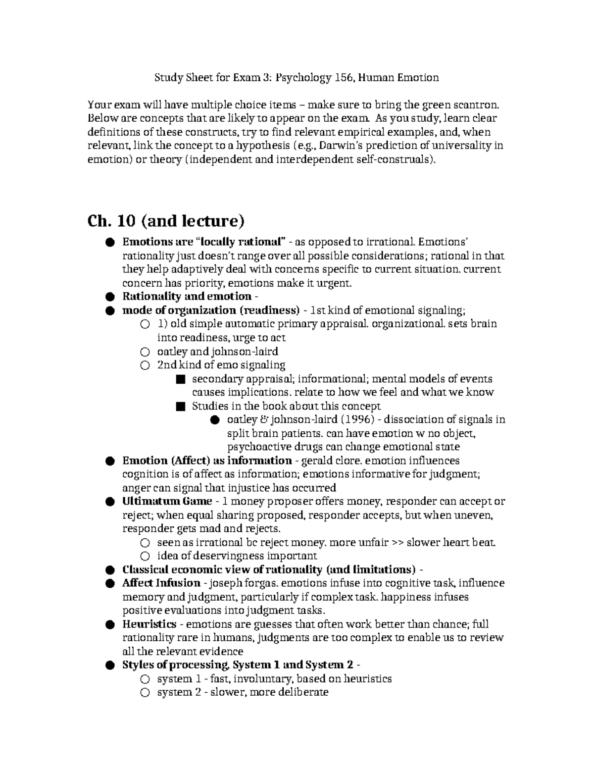 Psych 156 Final - Study Sheet for Exam 3: Psychology 156, Human Emotion ...