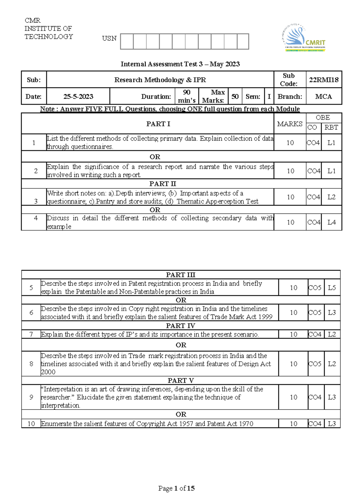 IAT-III Question Paper with Solution of 22RMIP18 Researh Methodology ...