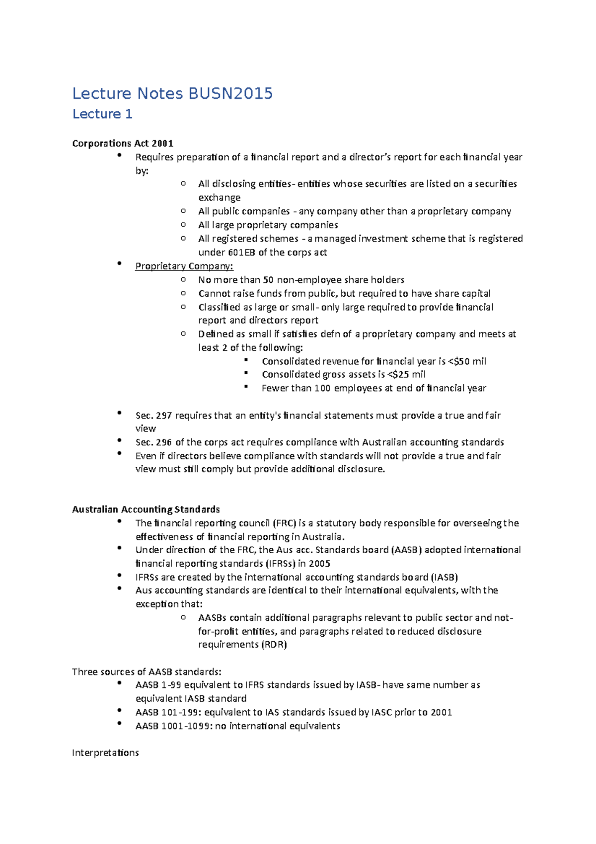 Lecture Notes BUSN2015 - Lecture Notes BUSN Lecture 1 Corporations Act ...