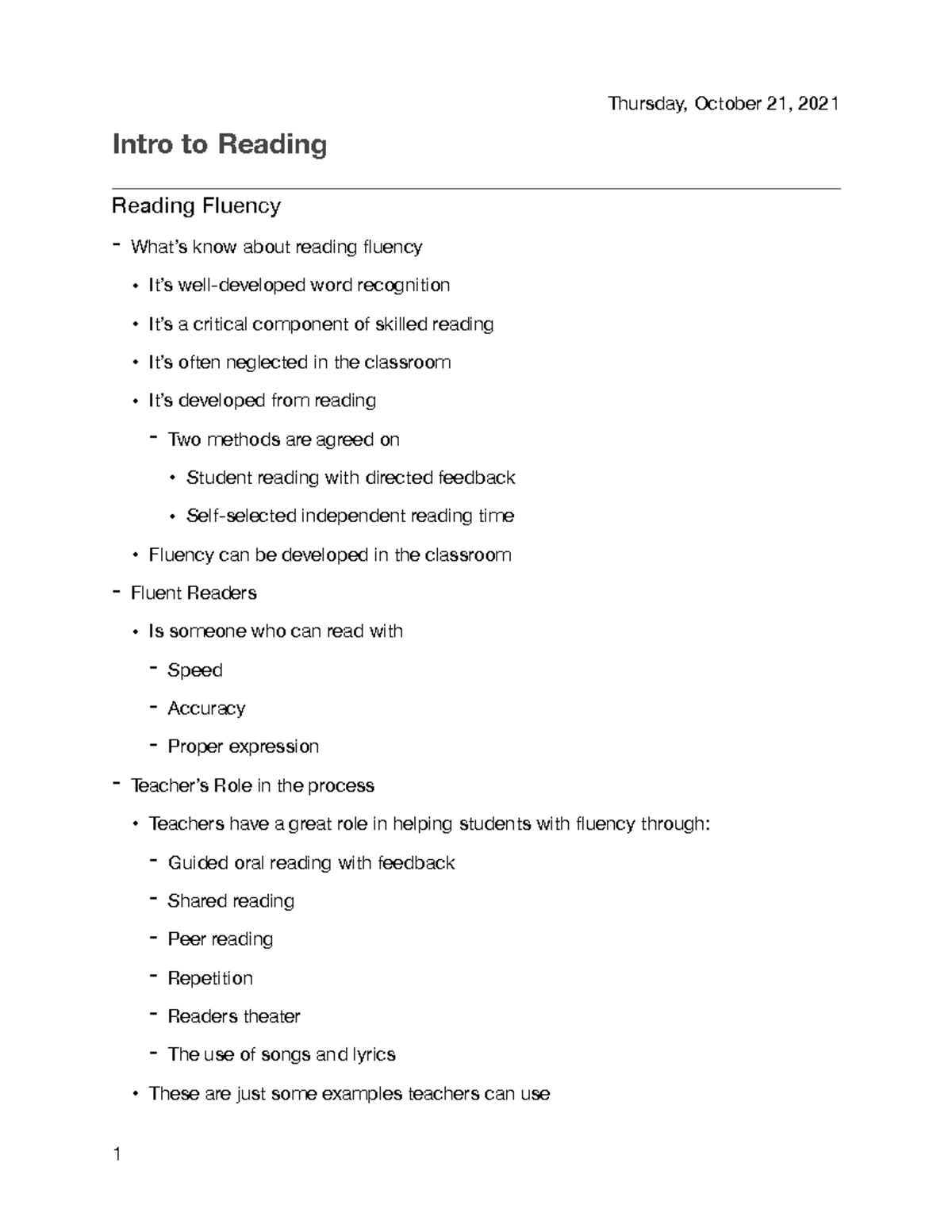 Intro To Reading: Reading Fluency - Thursday, October 21, 2021 Intro to ...