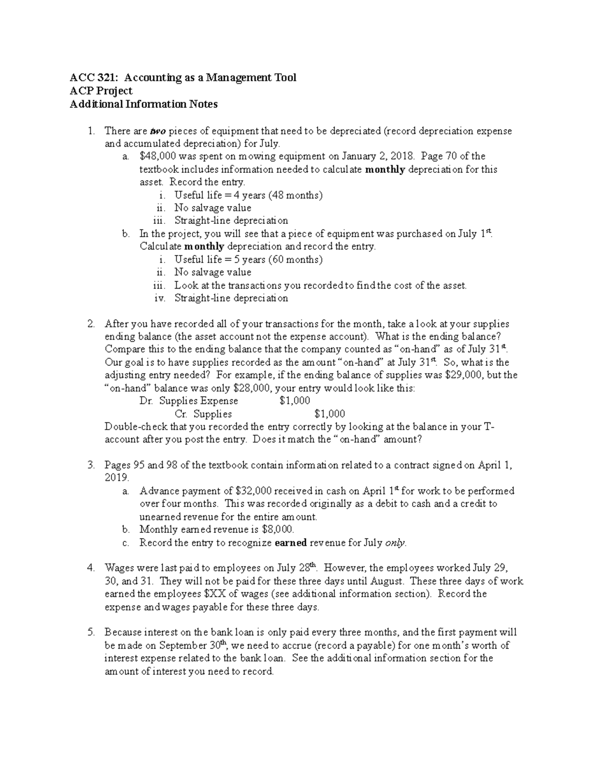 ACP Project - Additional Information Notes - Copy - ACC 321: Accounting ...