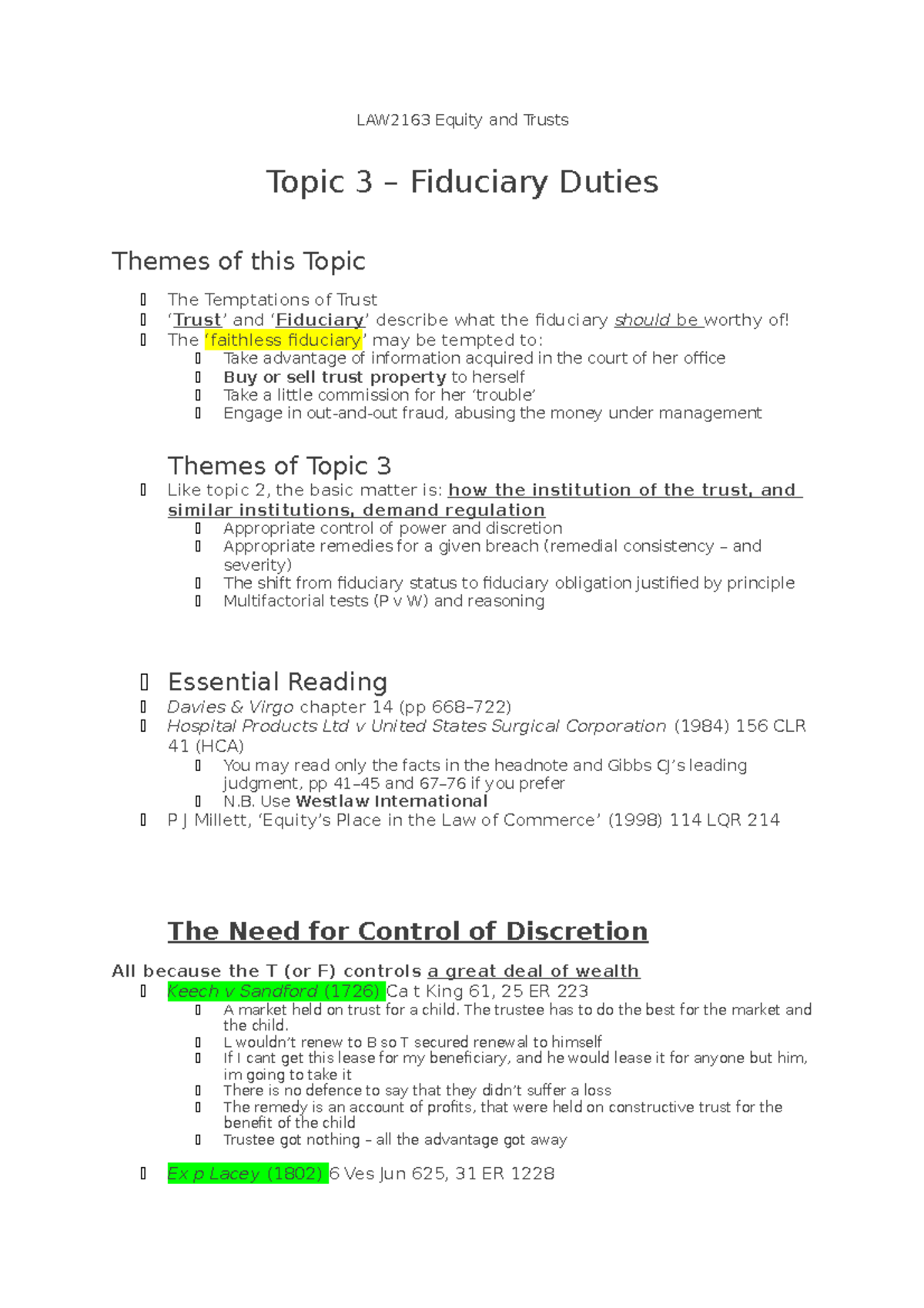Equity and Trusts - LAW2163 Equity and Trusts Topic 3 – Fiduciary ...