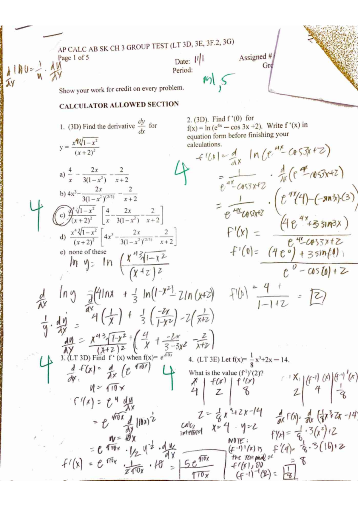 Solution-AP Calc AB Ch 3 part 2 Group Test 2019-20 - AP CALC AB SK CH 3 ...