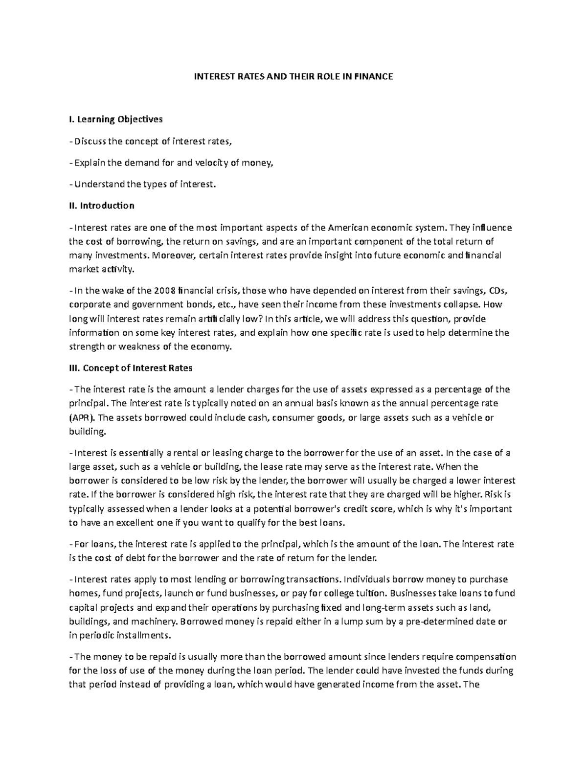 Interest Rates AND Their ROLE IN Finance notes - INTEREST RATES AND ...