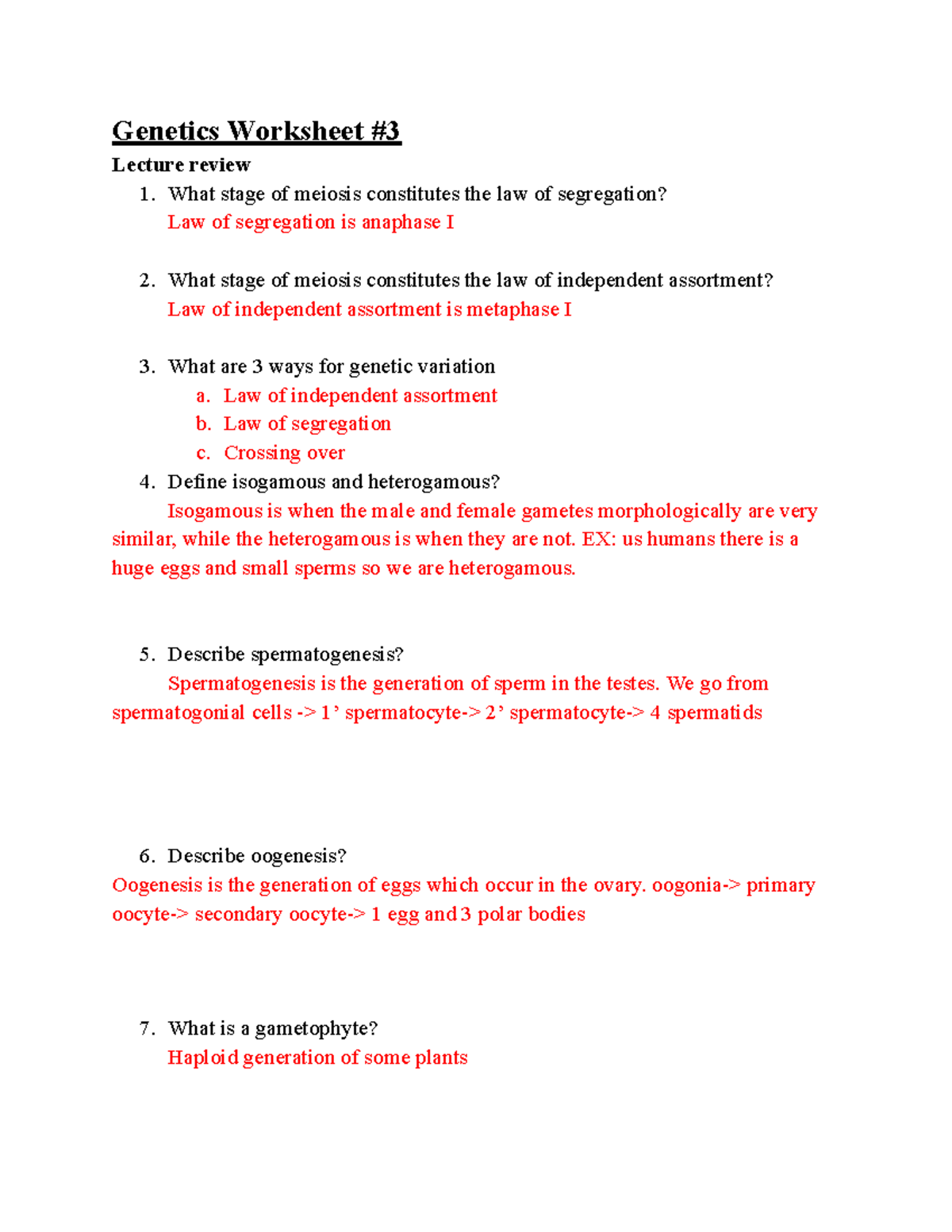 Genetics KEY Worksheet #3 - Genetics Worksheet Lecture review 1. What ...