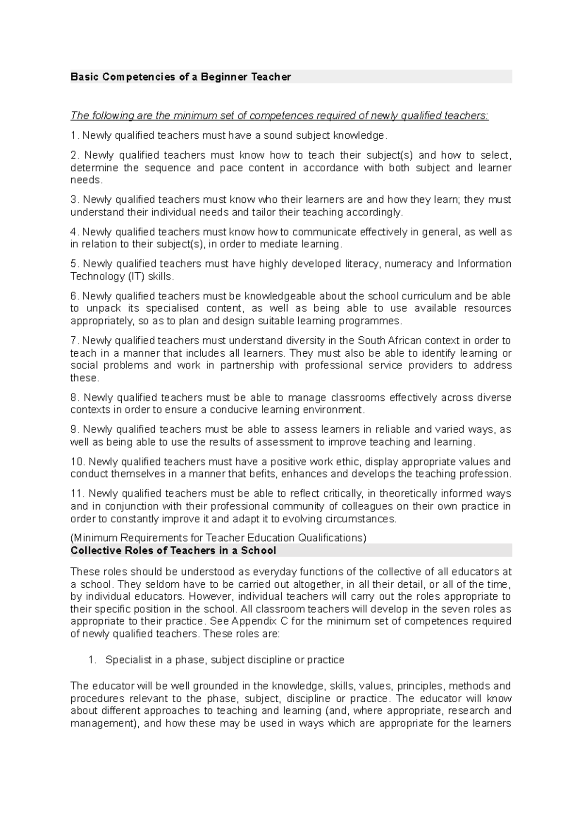 Basic Competencies of a Beginner Teacher - Newly qualified teachers ...