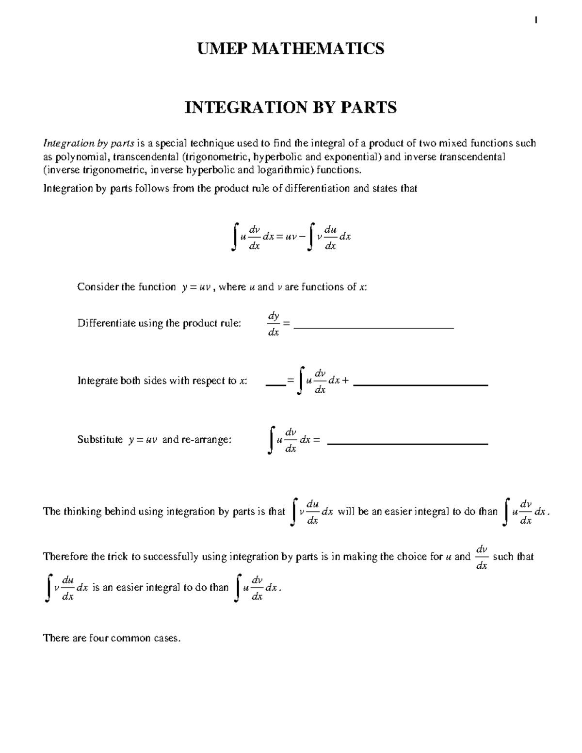 UMEP Mathematics - Integration by Parts - MAST10006 - Unimelb - Studocu