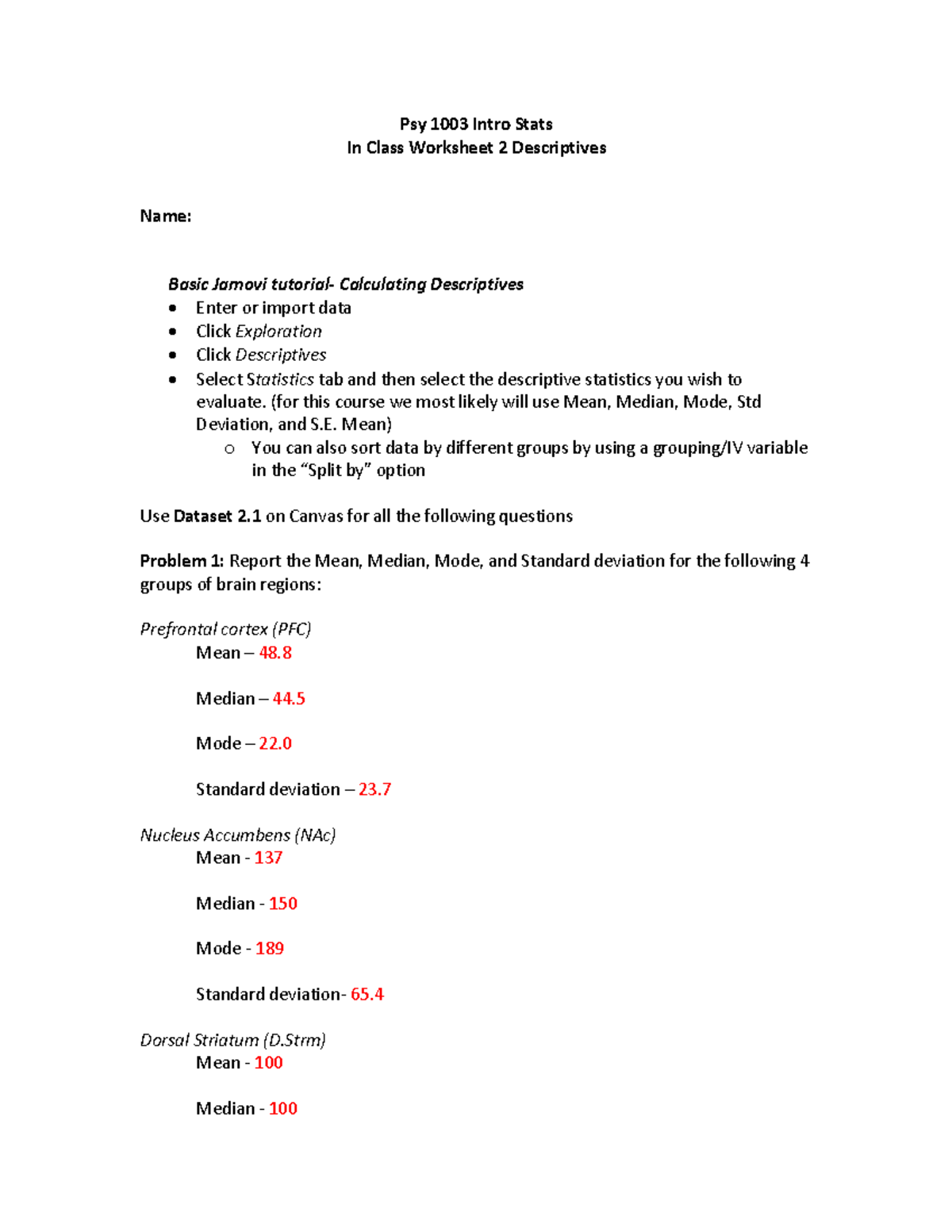 In Class 2 Desc - Psy 1003 Intro Stats In Class Worksheet 2 ...