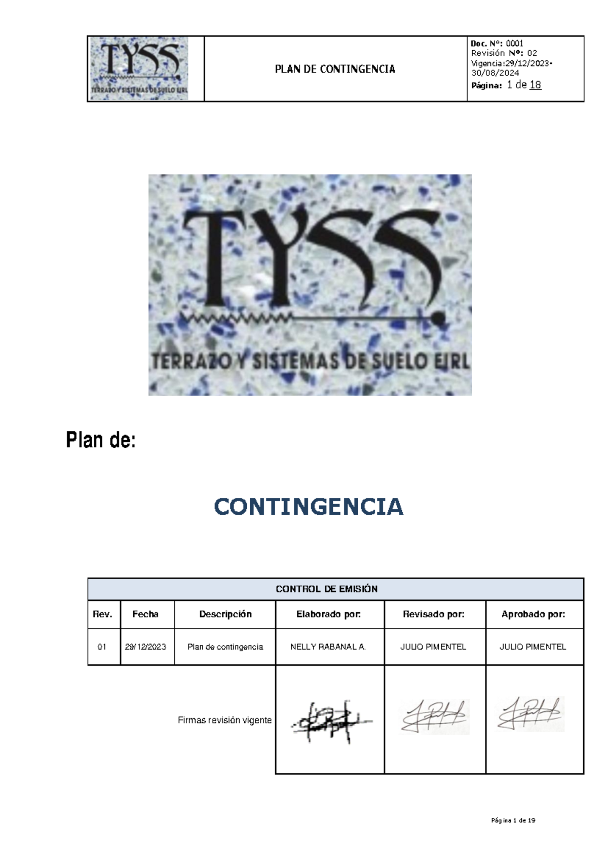 SG.TYSS PC 01 - PREVENCION - PLAN DE CONTINGENCIA Revisión Nº: 02 ...