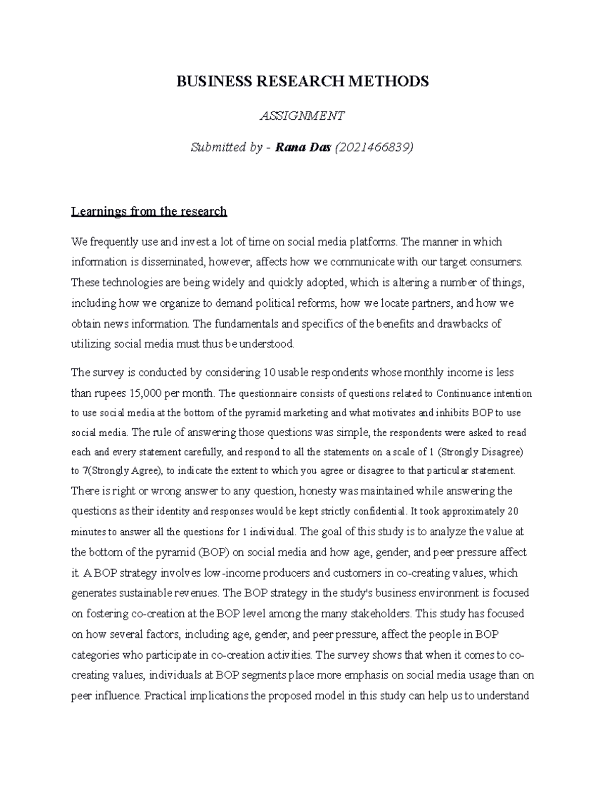 BRM Assignment 2021466839 - BUSINESS RESEARCH METHODS ASSIGNMENT ...