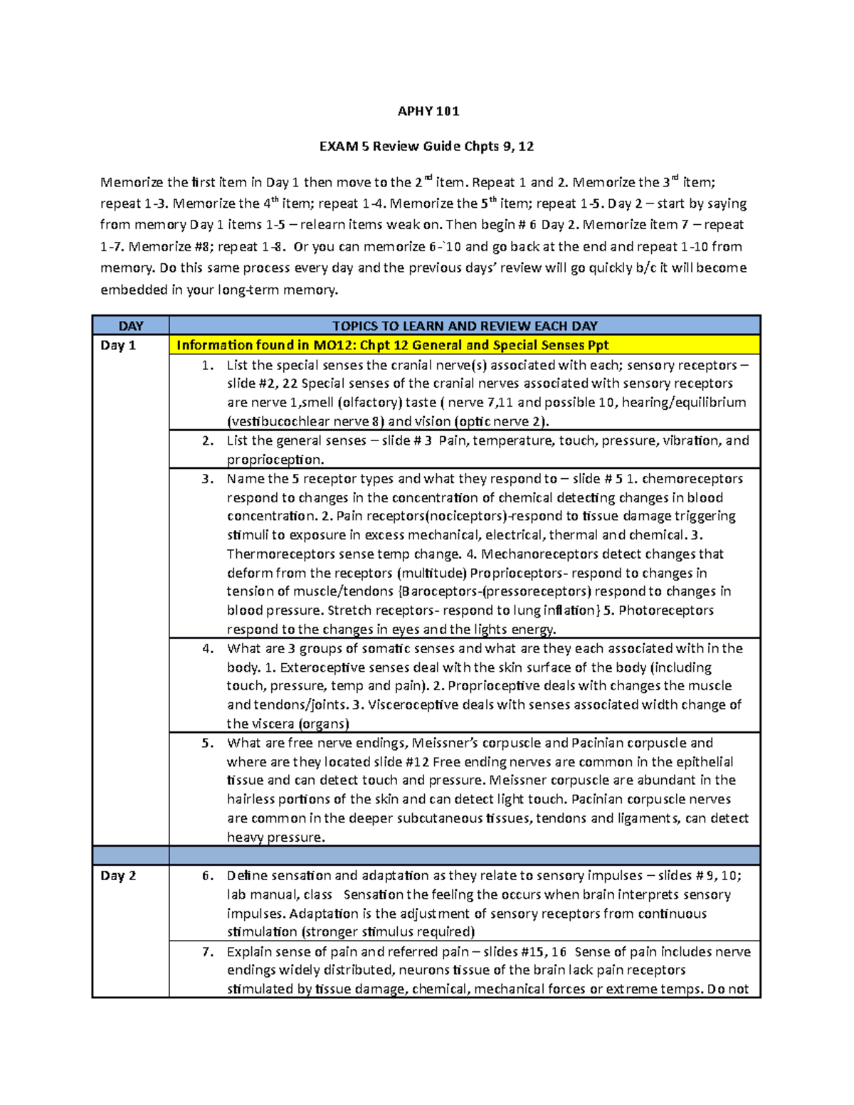 APHY 101 - Lecture notes 1, 3-7 - APHY 101 EXAM 5 Review Guide Chpts 9 ...