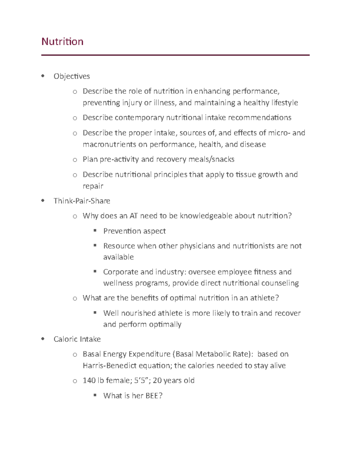 8 Nutrition - Lecture notes 8 - Nutrition Objectives o Describe the ...