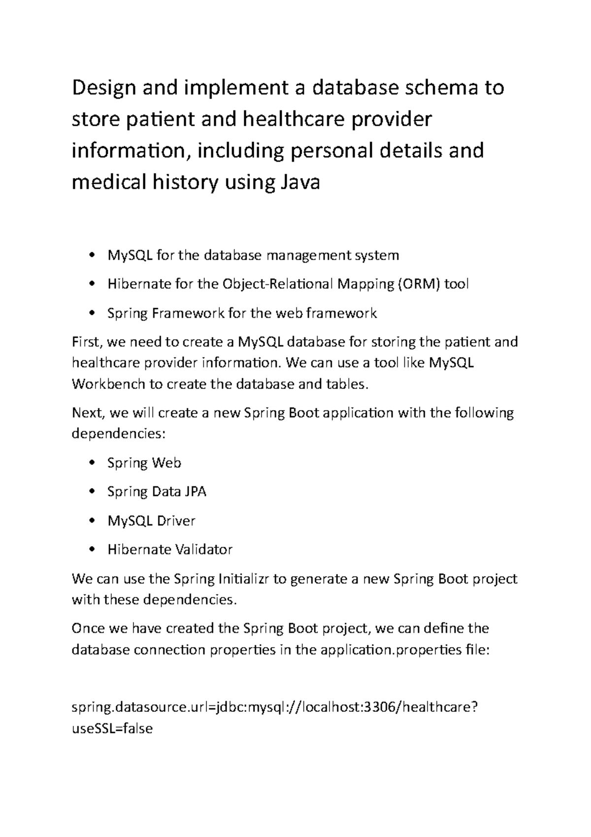 Healthcare provider information-java - Design and implement a database schema to store patient ...