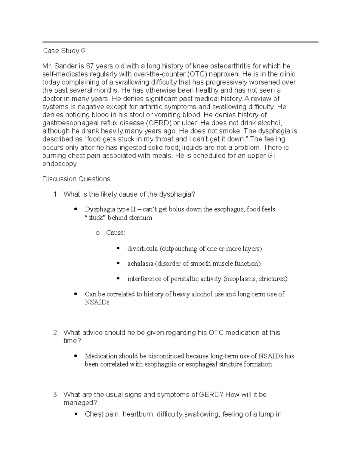 Case Study 6 Gastrointestinal Disorders - Case Study 6 Mr. Sander is 67 ...