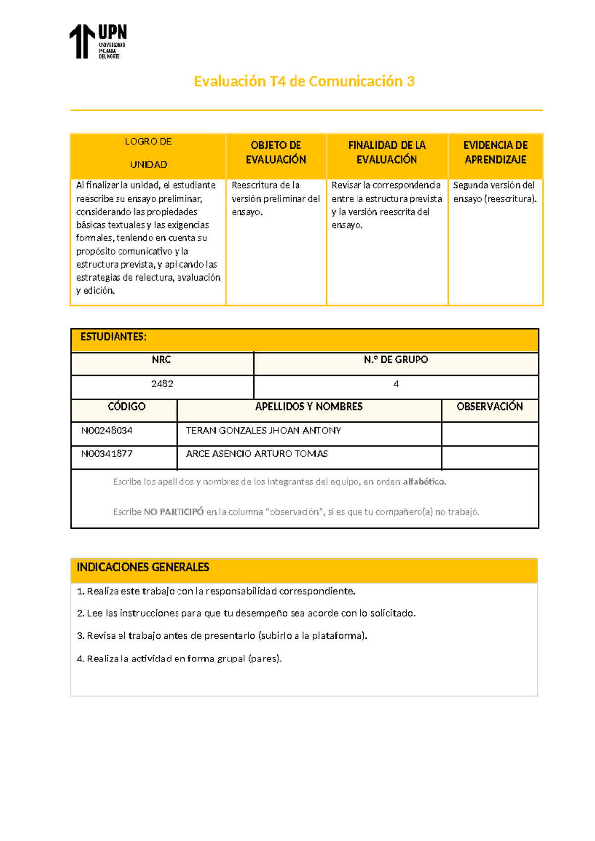 2023-0 T4 Comunicacion 3 - Grupo 4 - Evaluación T4 de Comunicación 3 LOGRO DE UNIDAD OBJETO DE ...