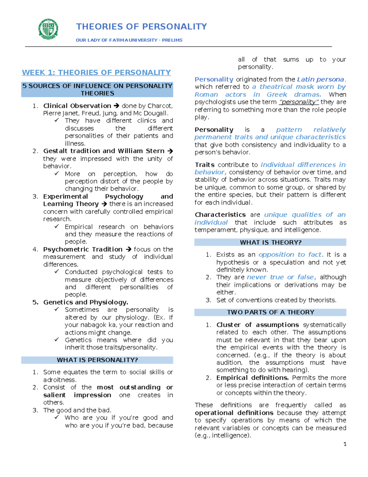 THEO Reviewer 1 - THEORIES OF PERSONALITY OUR LADY OF FATIMA UNIVERSITY ...