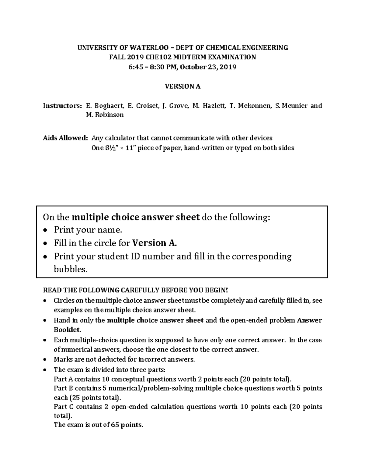 Fall 2019 Midterm Practice - UNIVERSITY OF WATERLOO – DEPT OF CHEMICAL ENGINEERING FALL 2019 ...