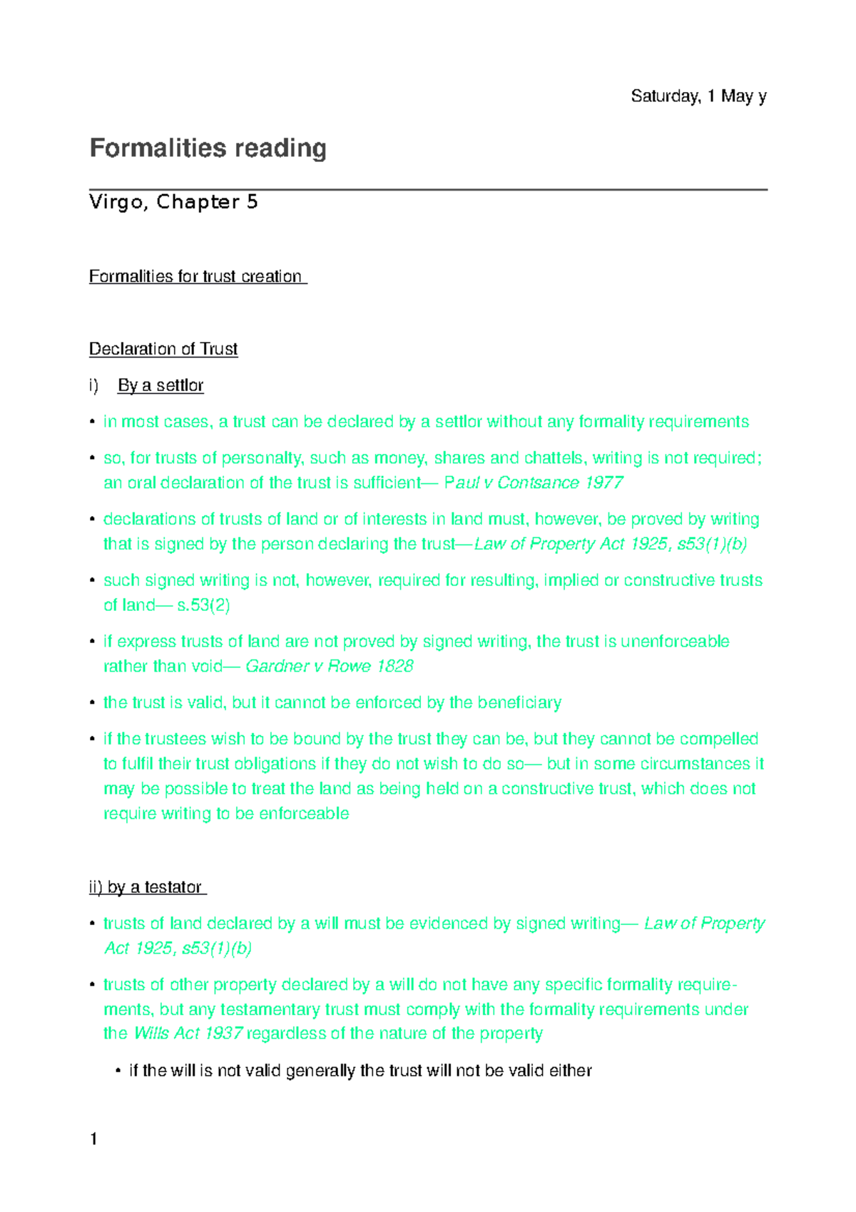 Formalities reading - Summary Equity & Trusts: Text, Cases, and ...