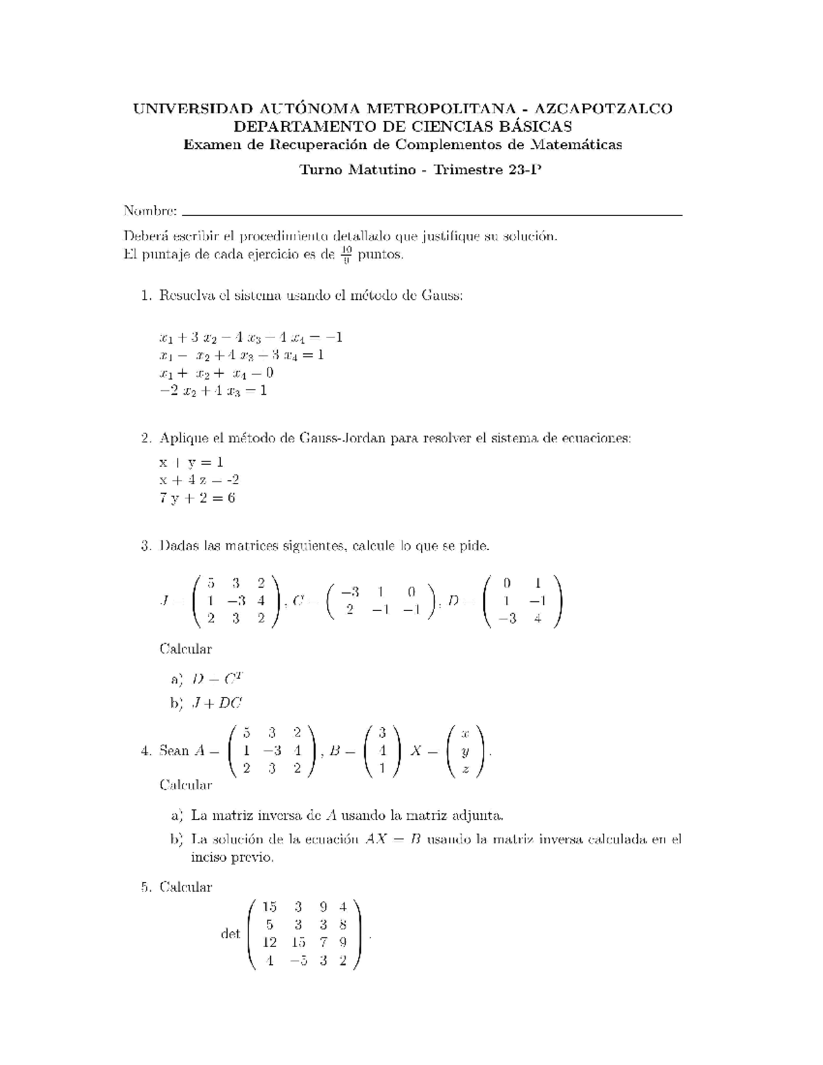 E Rec Comple M Matutino 23P - UNIVERSIDAD AUTÓNOMA METROPOLITANA AZCAPOTZALCO DEPARTAMENTO DE ...
