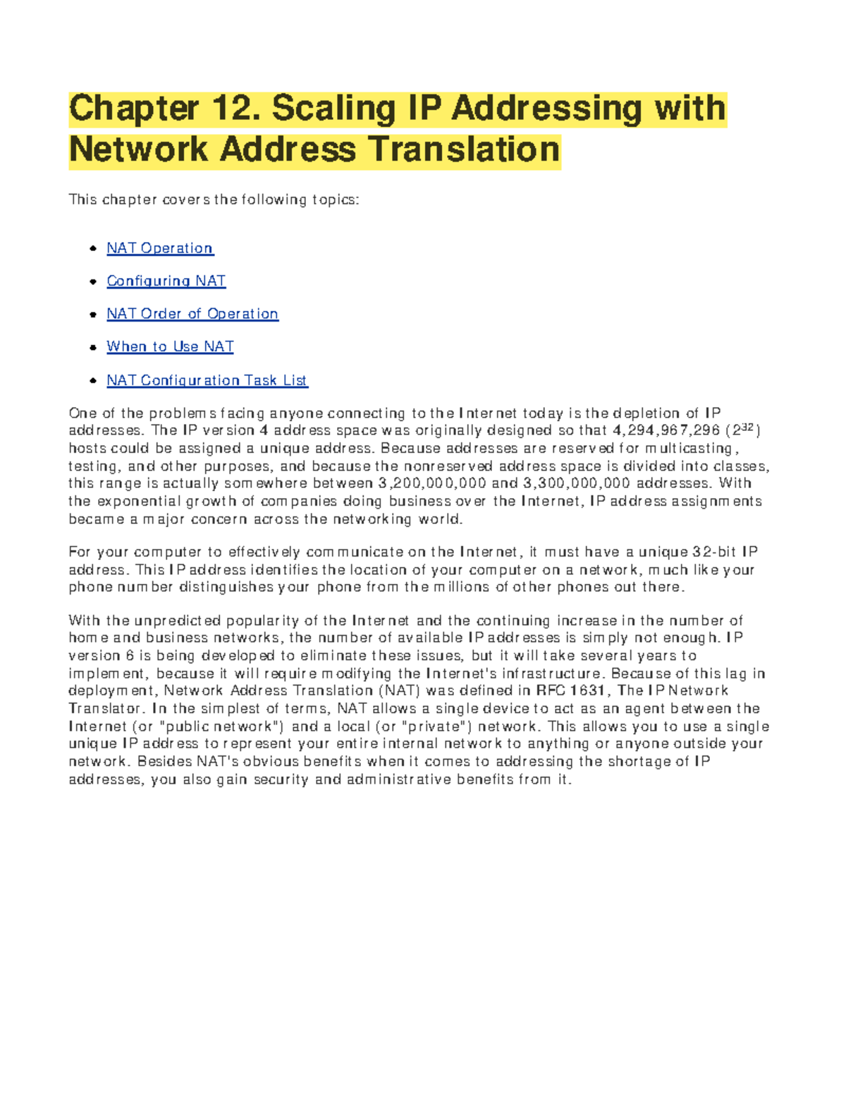 Chapter 12. Scaling IP Addressing with Network Address Translation - Table of Content s I ndex ...