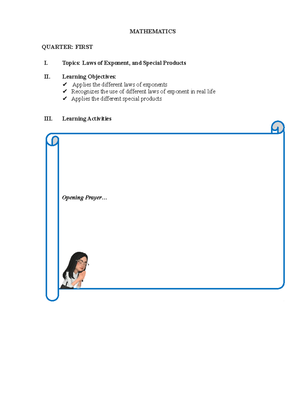 Laws of Exponents and Special Products - Copy - MATHEMATICS QUARTER ...