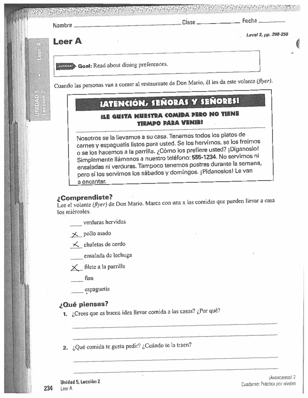 Spanish 2b 5-2 leer Reading Assignments Questions/ Answers easy to ...