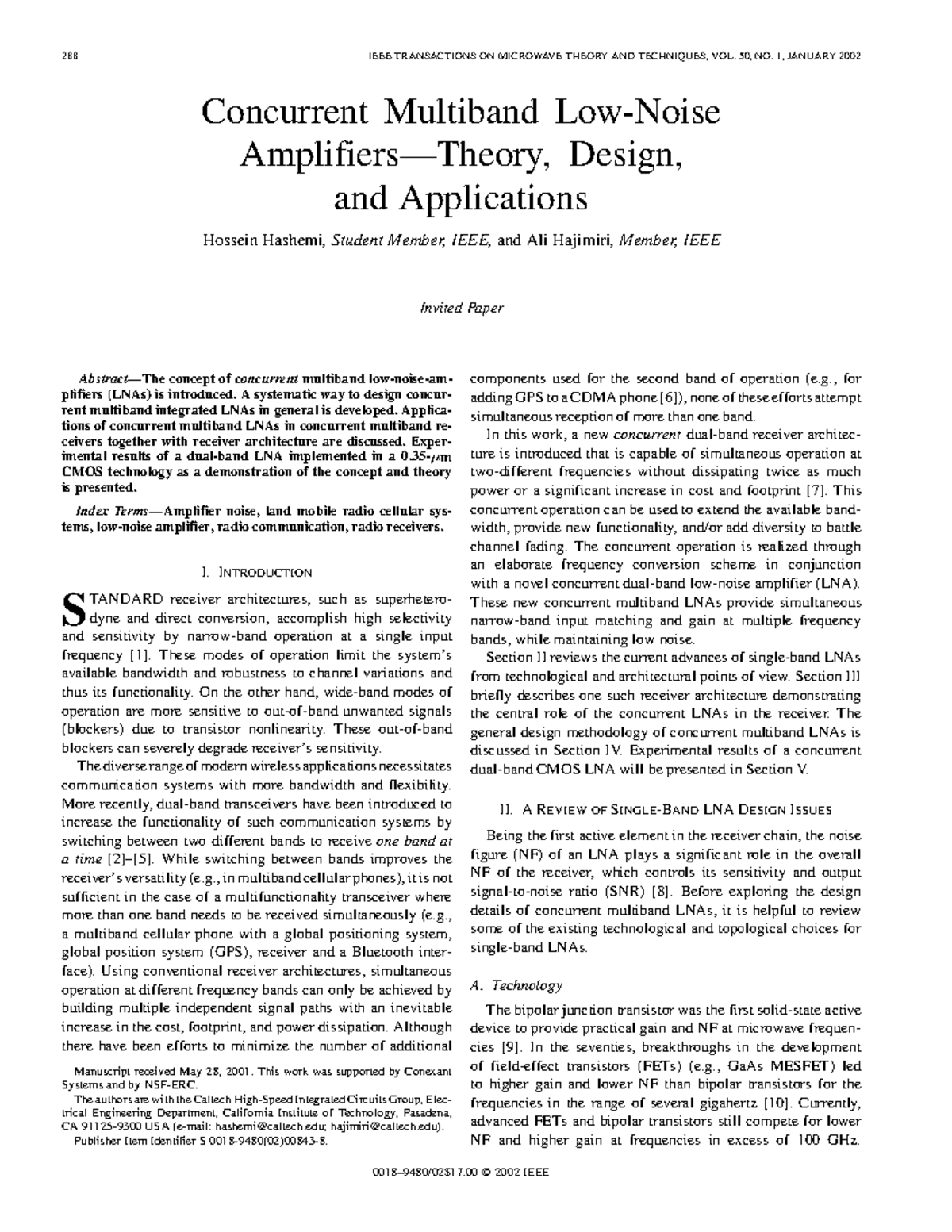 Concurrent Multiband Low Noise Amplifiers Theory Design And Applications 288 Ieee