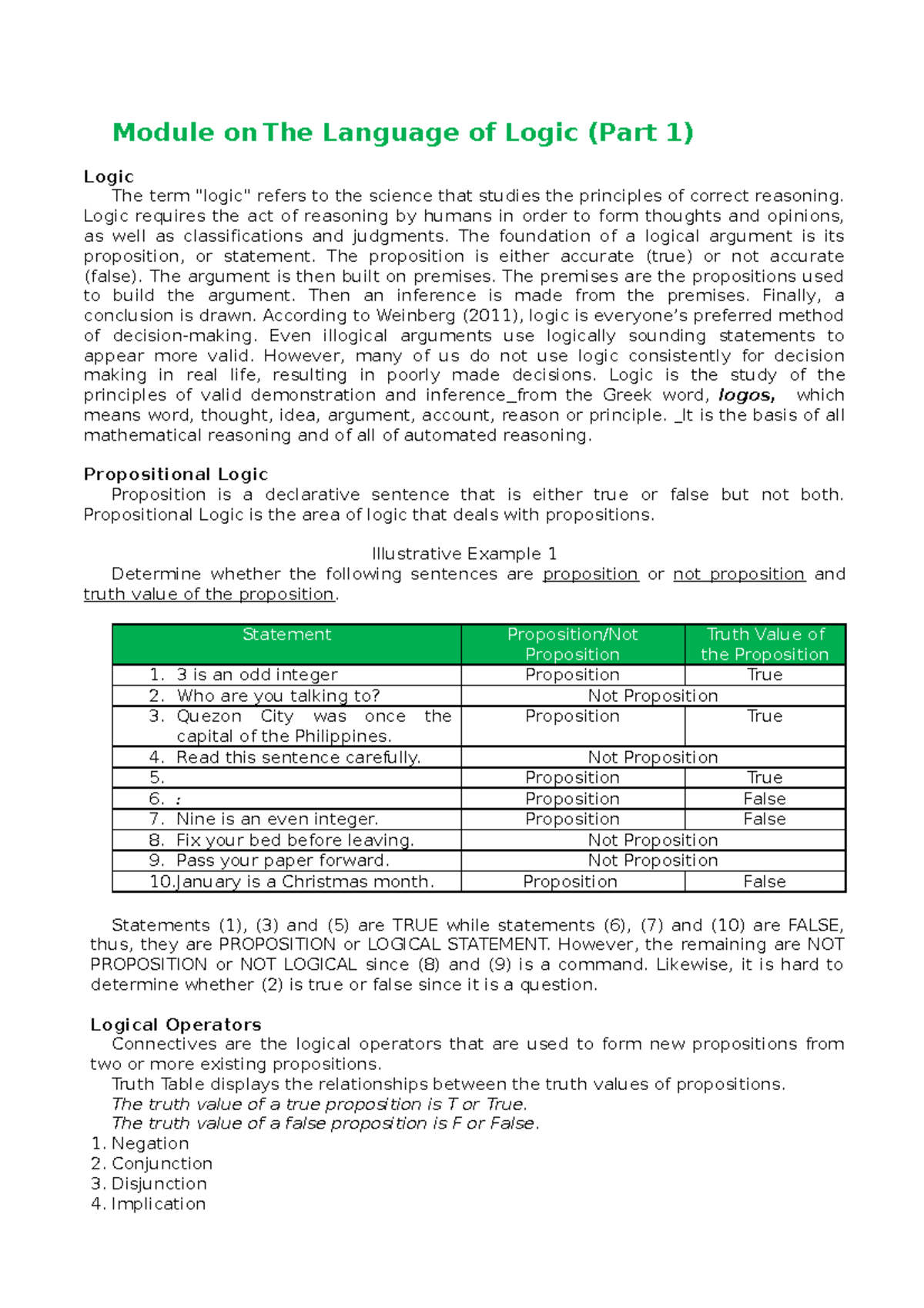Logic and Truth table - Module on The Language of Logic (Part 1) Logic ...