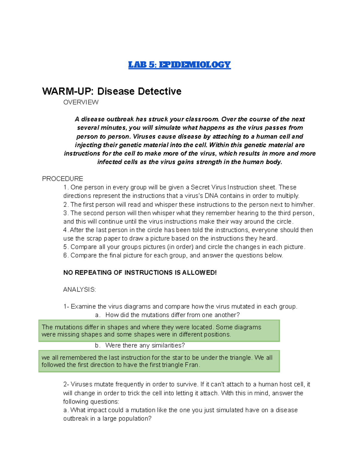 LAB 5 Epidemiology - LAB 5: EPIDEMIOLOGY WARM-UP: Disease Detective ...