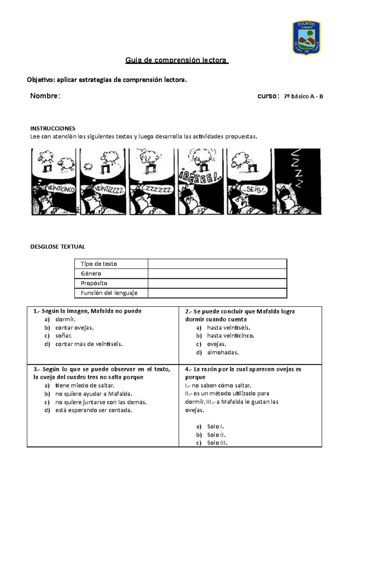 Guia comprensión lectora 7mo A-B - . Guía de comprensión lectora ...