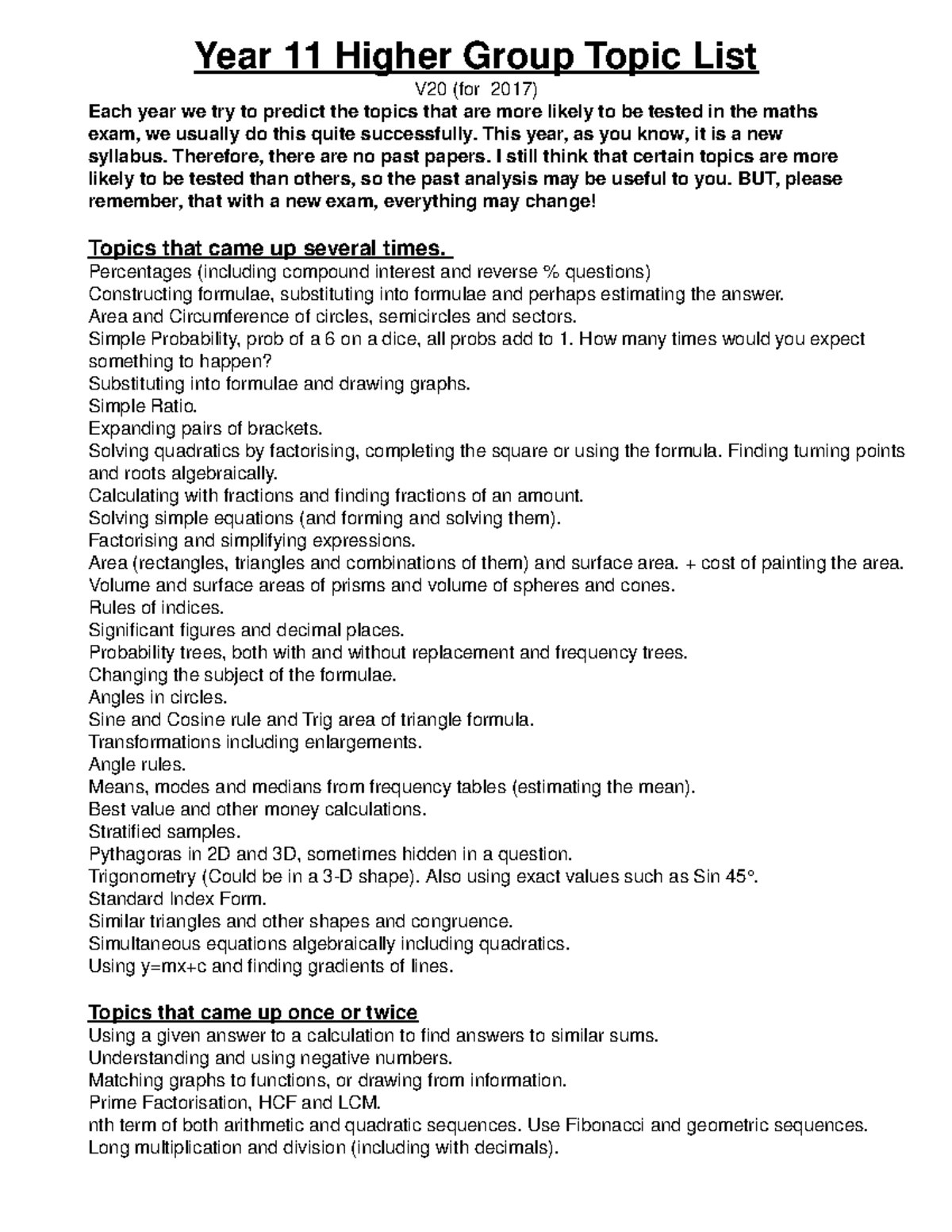 Year 11 Higher Topics 17 - Year 11 Higher Group Topi c List V20 (for ...