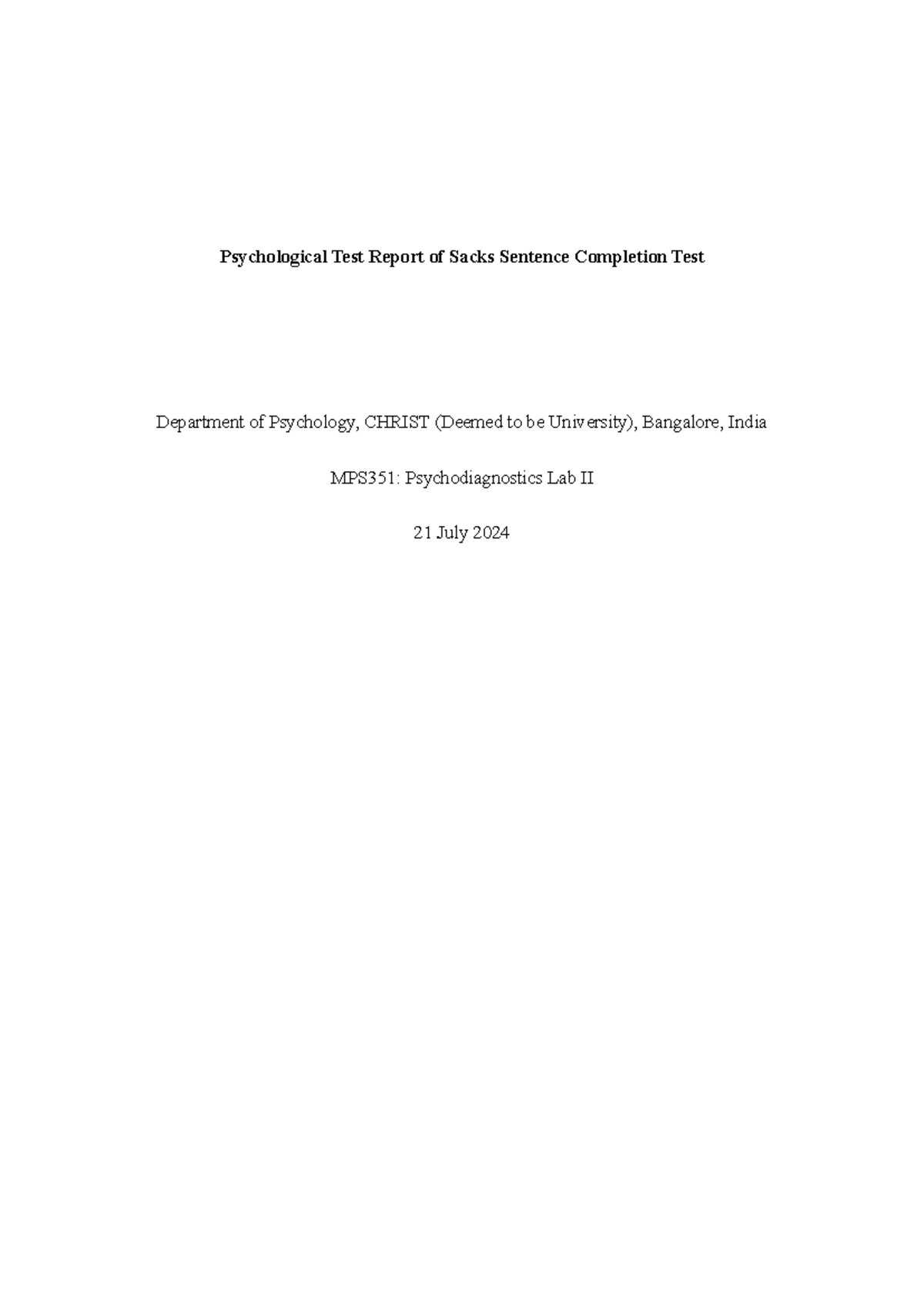 SACKS Sentence completion test - Psychological Test Report of Sacks ...