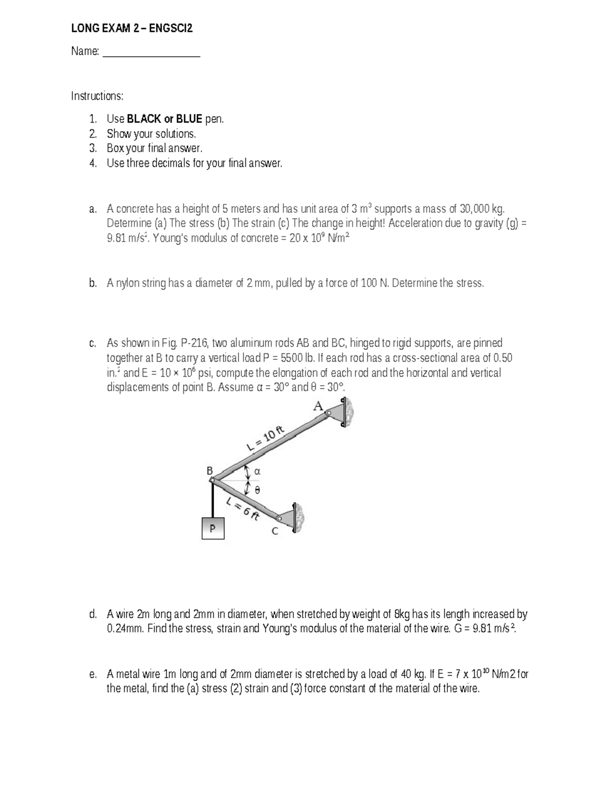 Long Exam 2 - LONG EXAM 2 – ENGSCI Name ...