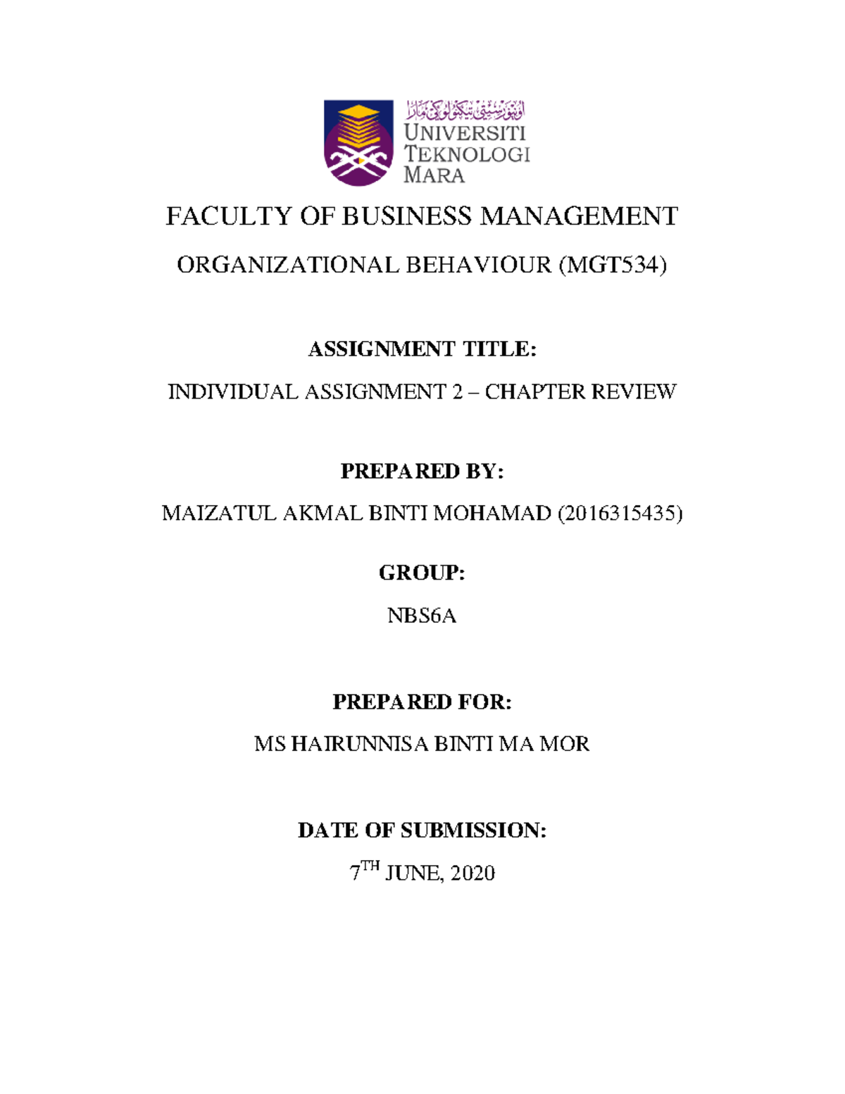 Assignment 2- Chapter Review (Case Study) - FACULTY OF BUSINESS ...