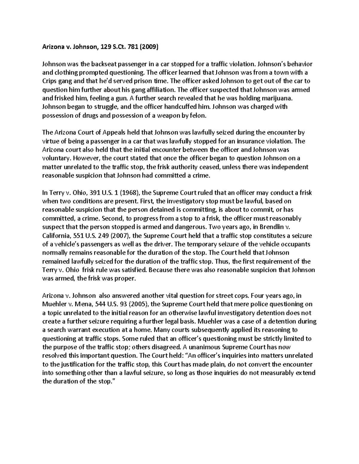 Week 4 Sample Case Studies - Arizona v. Johnson, 129 S. 781 (2009 ...