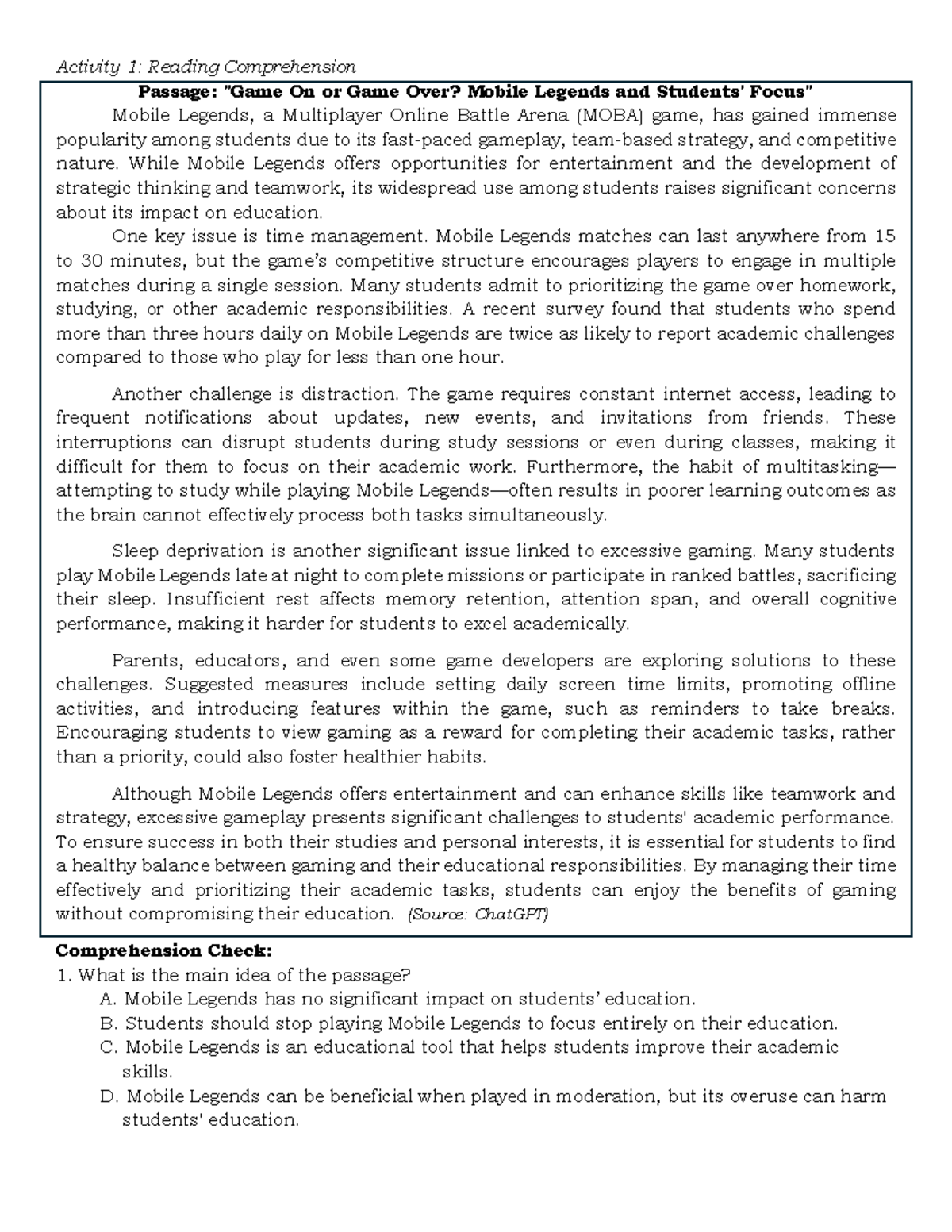 PISA like Test- C. Lacia - Activity 1: Reading Comprehension Passage ...