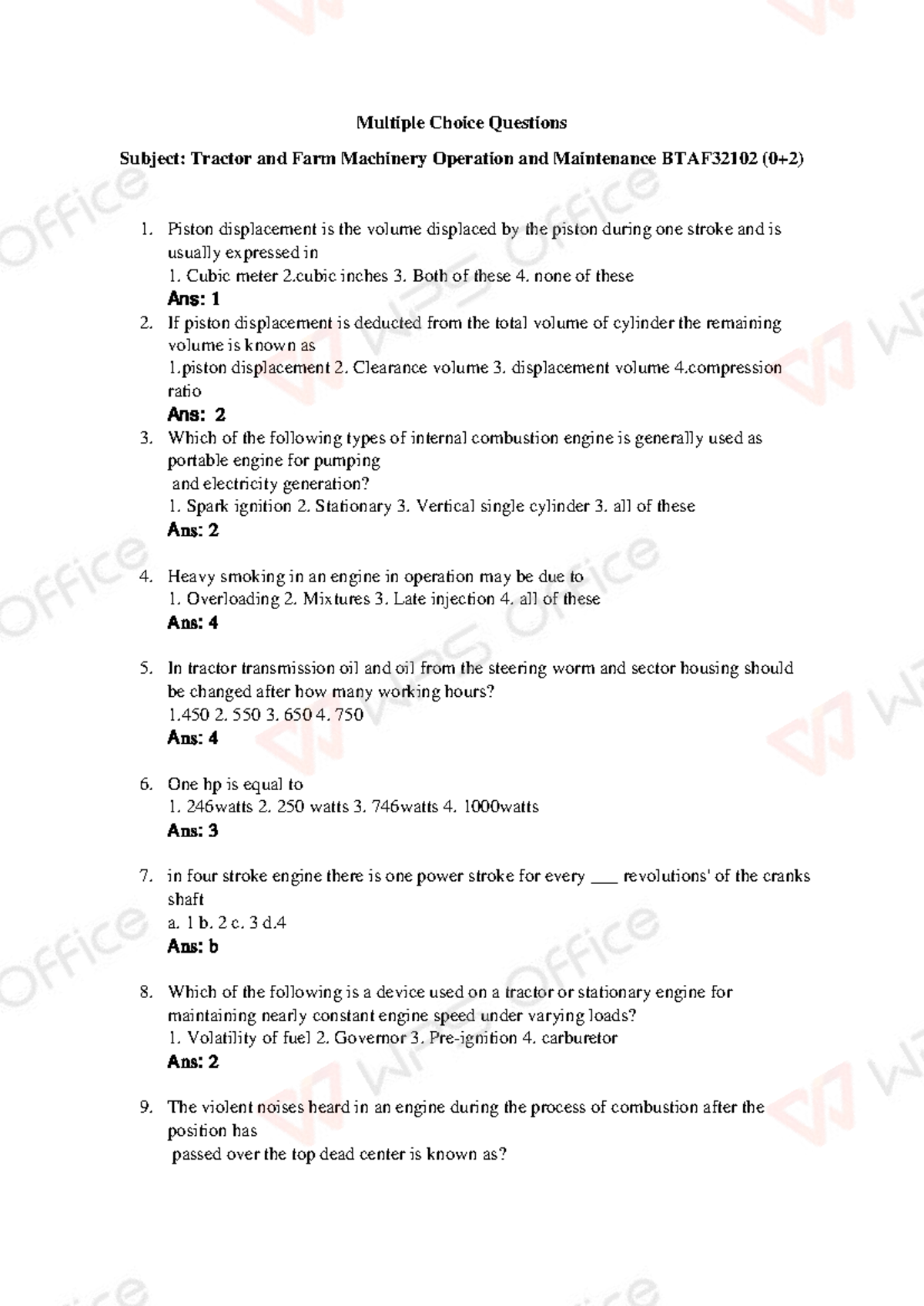 Exam - Notes - Subject: Tractor and Farm Machinery Operation and ...