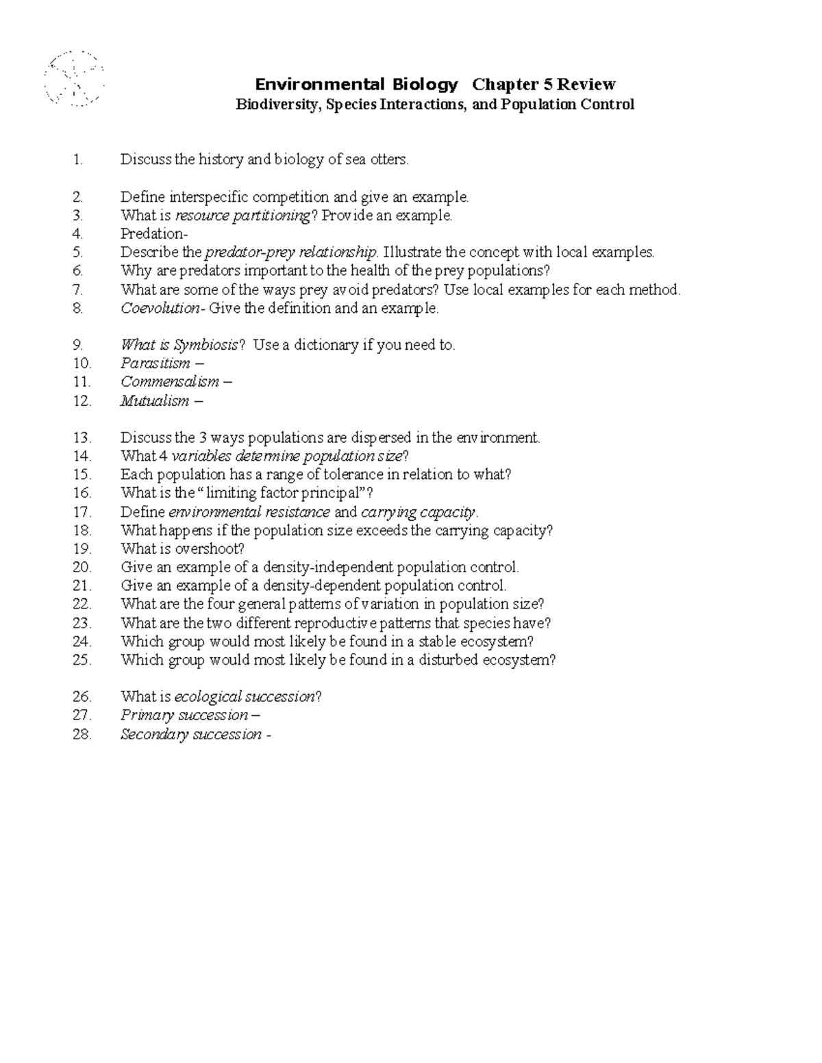 Review chapter 5 2012 - Homework - Environmental Biology Chapter 5 ...