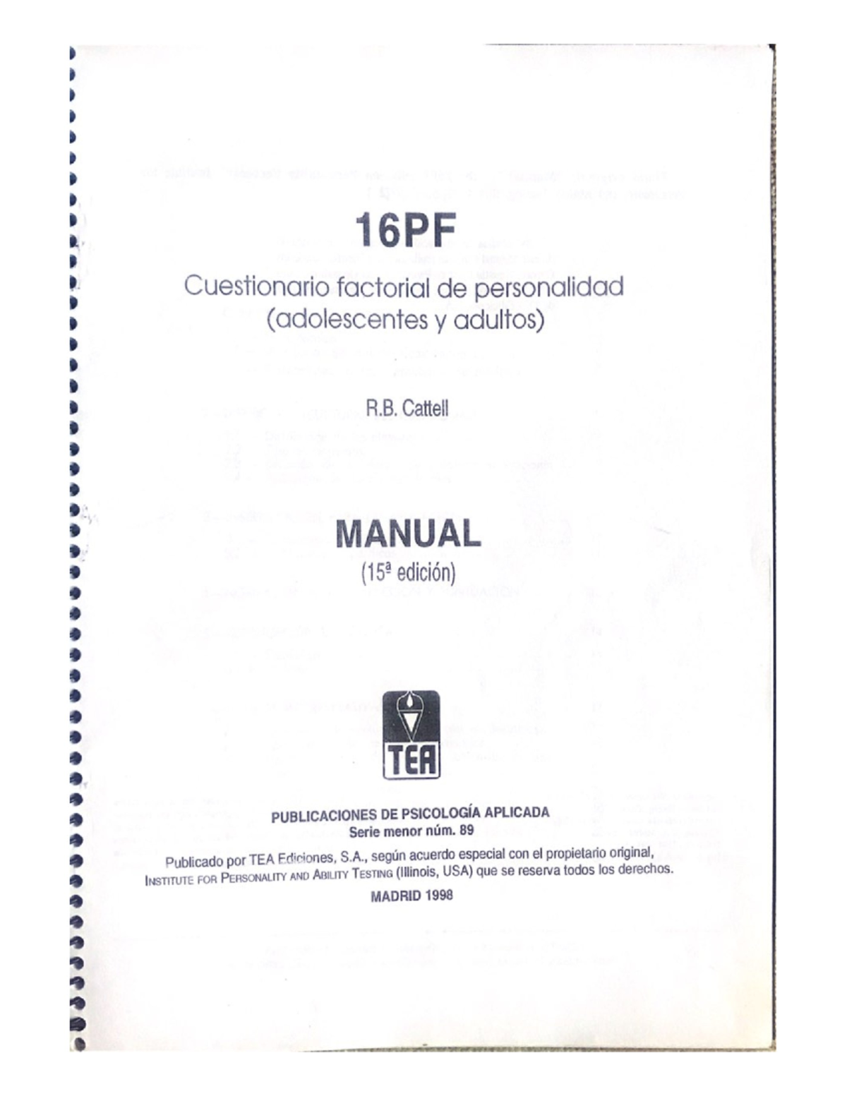Manual 16PF - Formato a lapiz del 16 pf - 16PF Cuestionario factorial ...