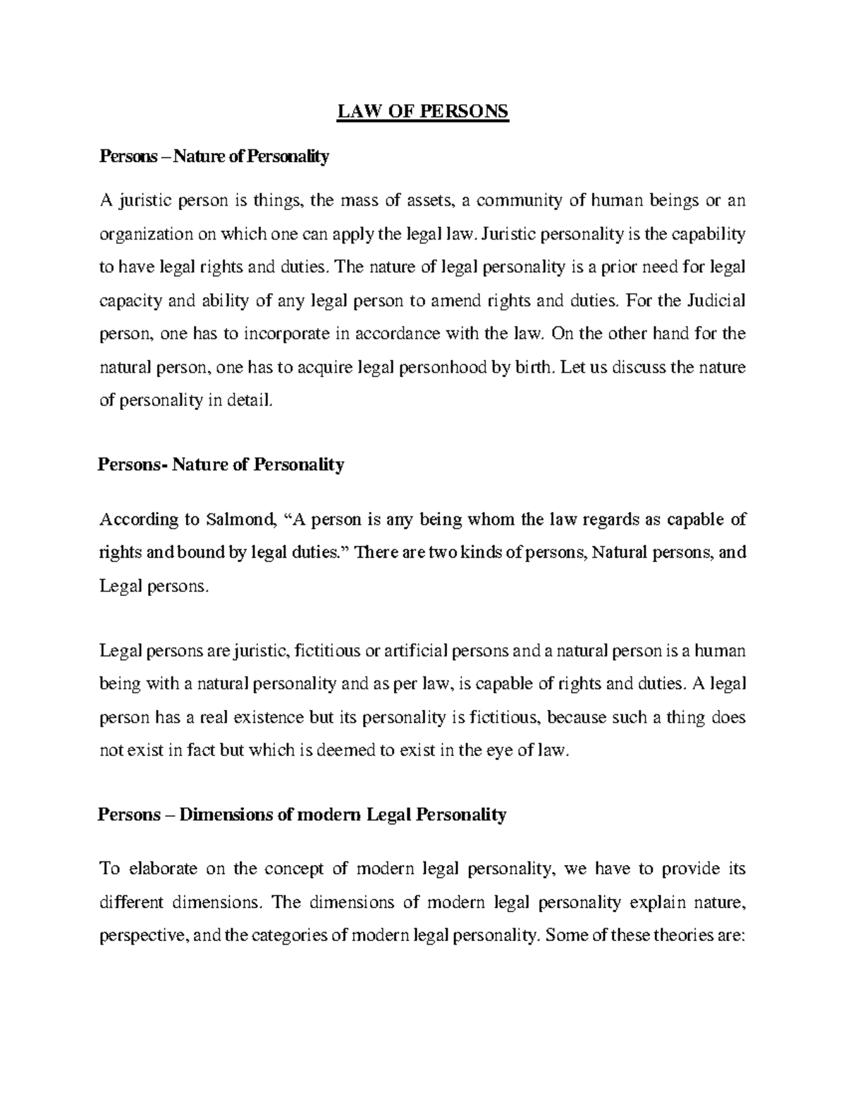 LAW OF Persons - Law - LAW OF PERSONS Persons – Nature of Personality A ...