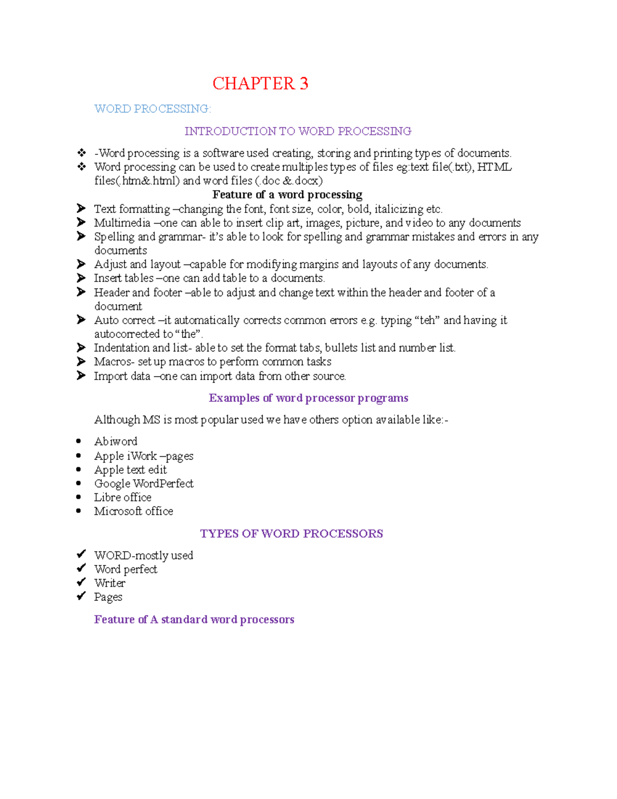 Peter computer app notes - CHAPTER 3 WORD PROCESSING: INTRODUCTION TO ...